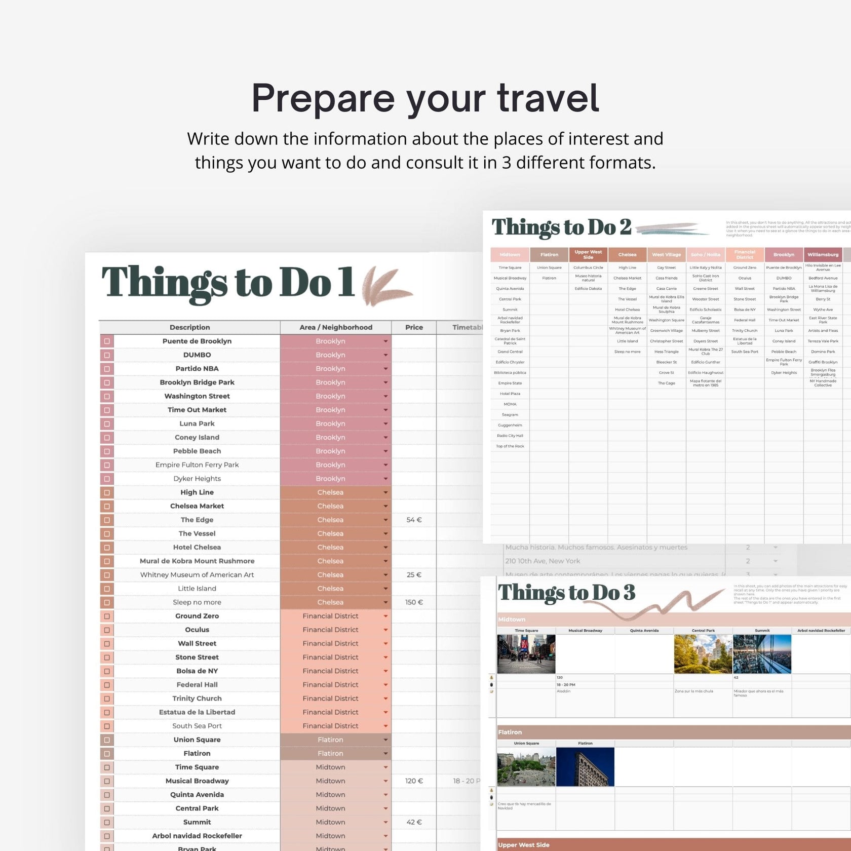 Aesthetic travel planner itinerary template for Google Sheets – By Inma